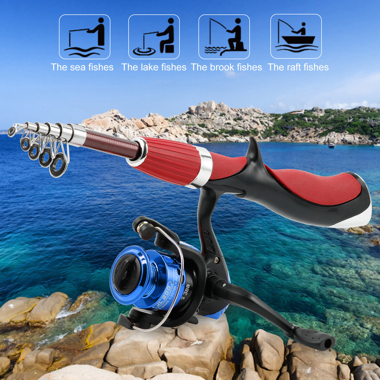 4.5FT Mini Portable Fiberglass Telescopic Fishing Rod Set +Spinning ...