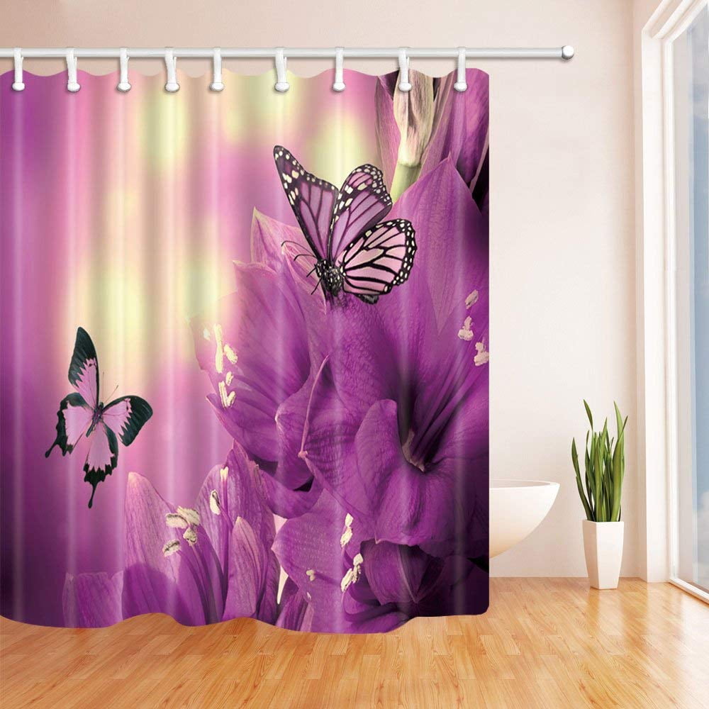 WOPOP Flower Decor Butterflies Flying in Tulips Purple Polyester Fabric ... WOPOP Flower Decor Butterflies Flying in Tulips Purple Polyester Fabric ...