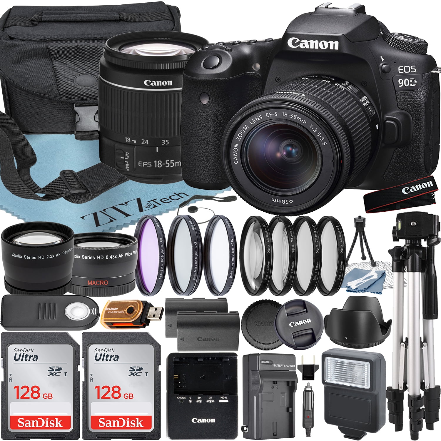 Canon EOS 90D DSLR Camera with 18-55mm Lens, SanDisk 128GB Card, Case ...