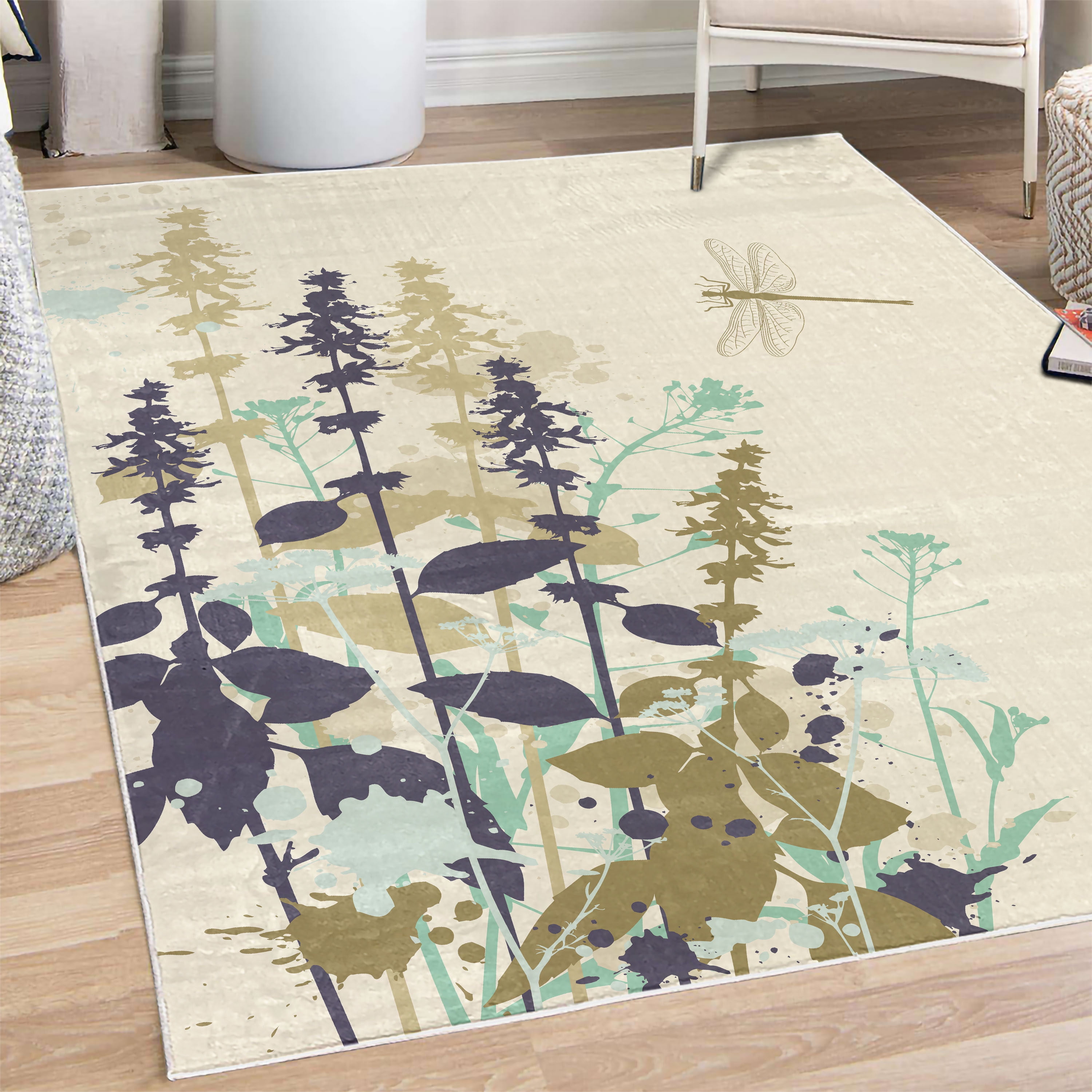 Dragonfly Decorative Rug, Nature Plants Grass with Wildflowers with ...