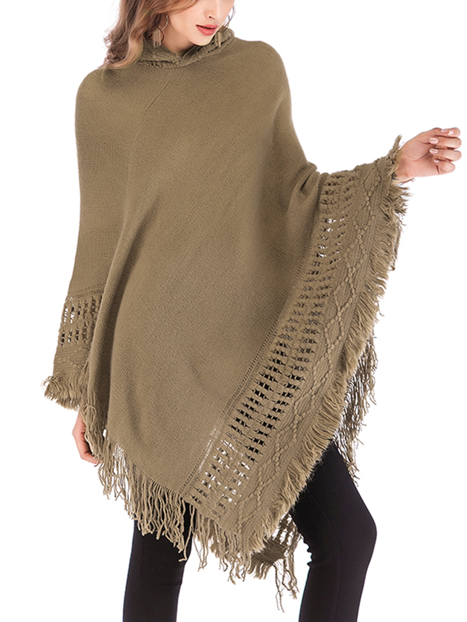 FUTATA Women's Hooded Poncho Shawl Wrap Elegant Fringed Pullover ...