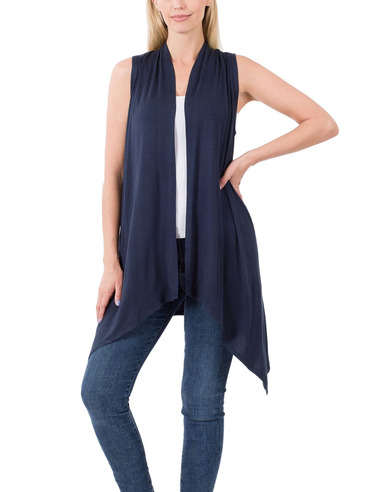 Women Asymmetrical Draped Open Front Sleeveless Jersey Vest Cardigan ...