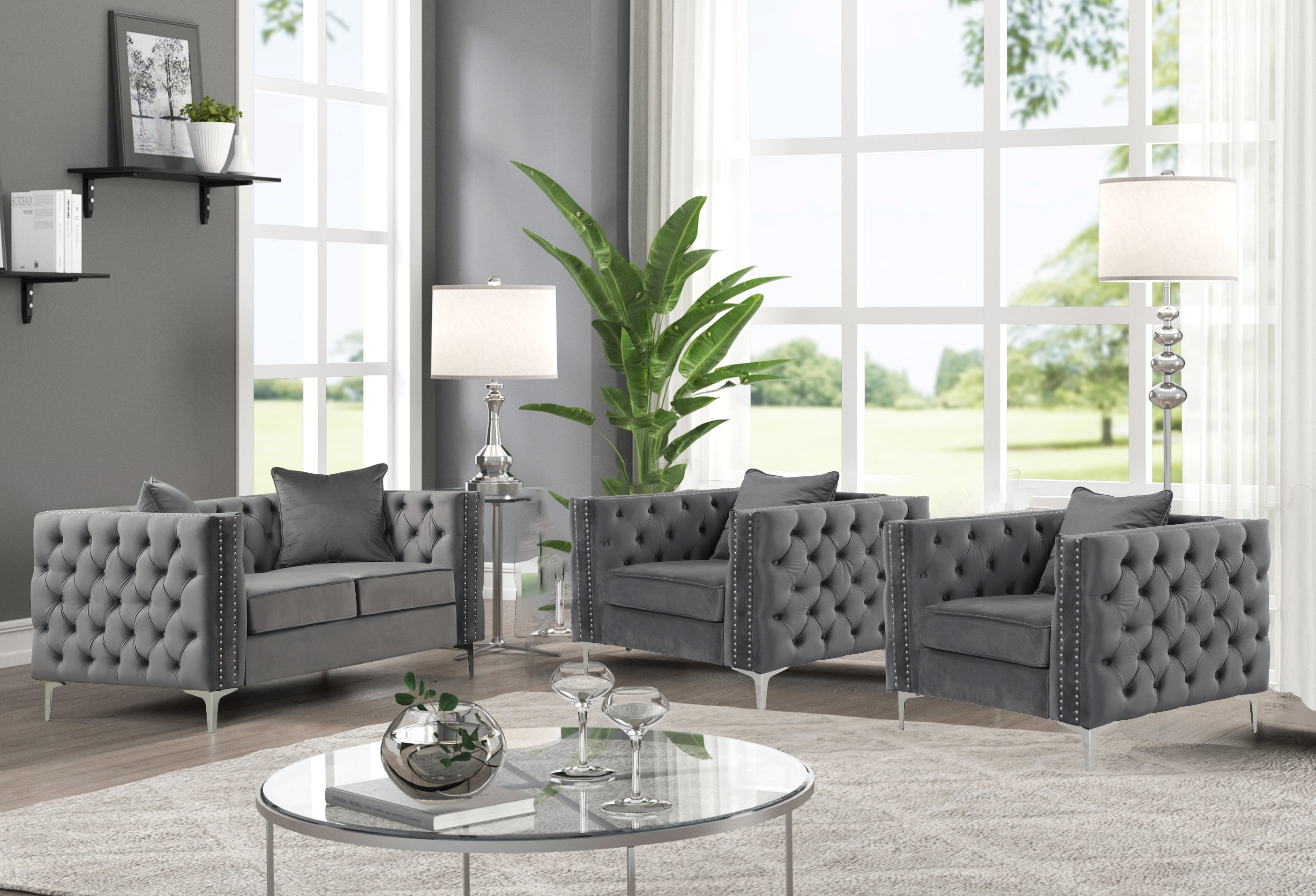 Alexandria Classic Gray Velvet Loveseat & Chair Living Room Set, 3 ...