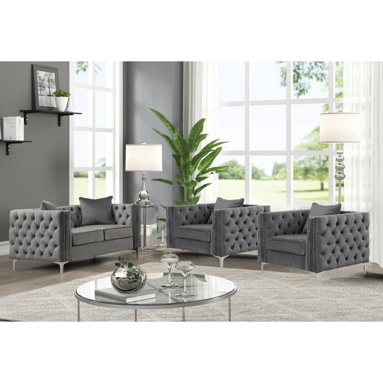 Alexandria Gray Velvet fabric 3 Pieces Living room Set 1 Loveseat and 2 Armchairs