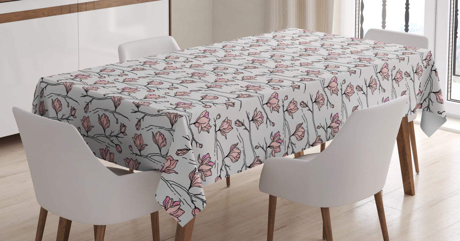 Magnolia Tablecloth, Simplistic Design of Linear Hand Drawn Blooming ...