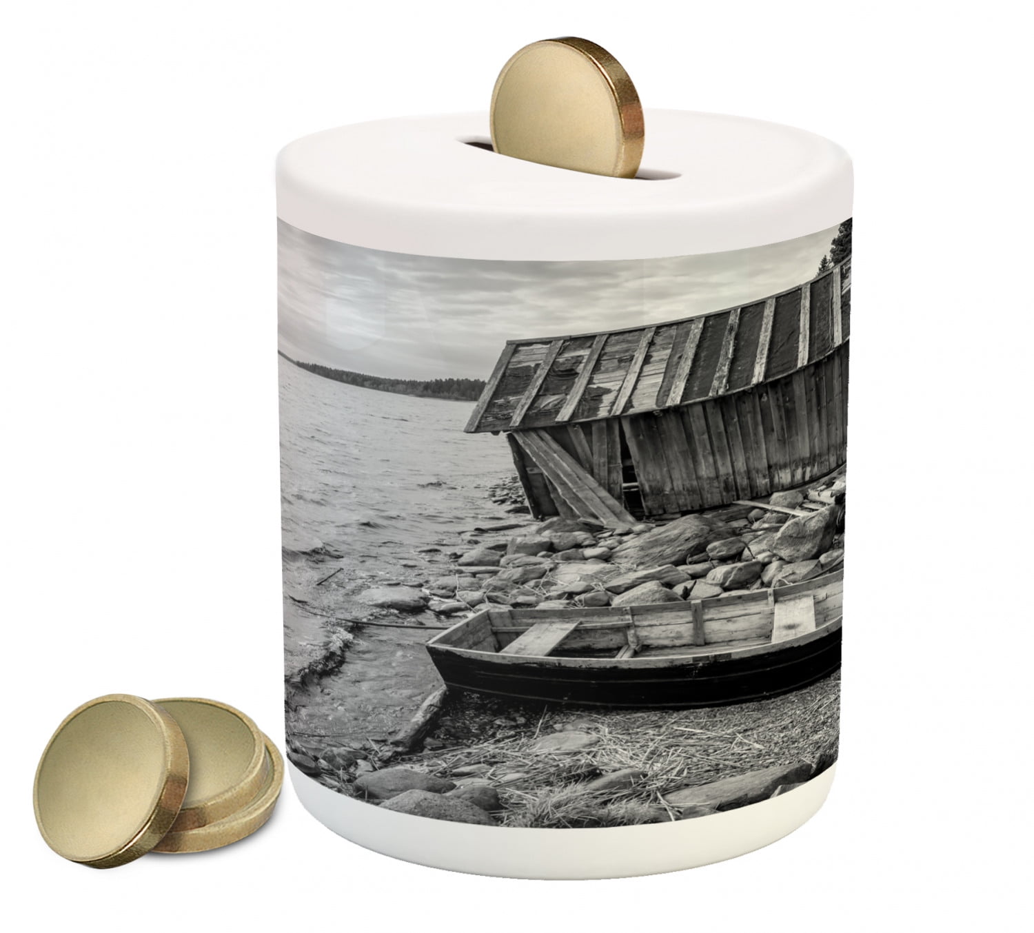 Black and White Piggy Bank, Old Wooden Fishing Boat and Abandoned Barn ...
