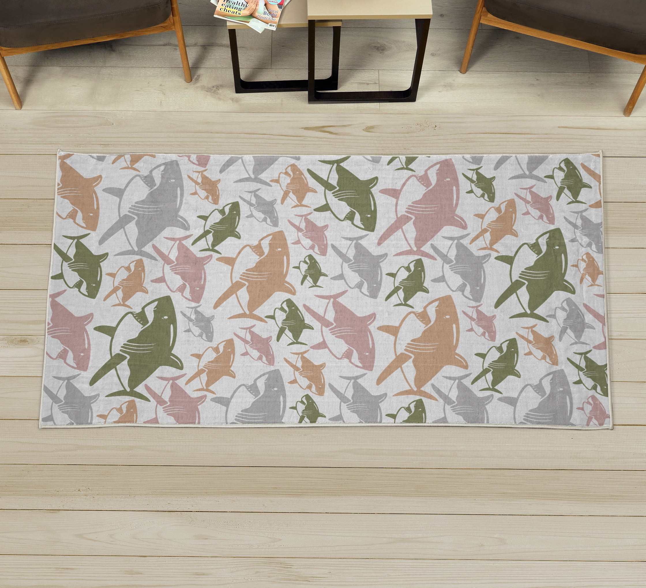 Shark Decorative Rug, Colorful Underwater Fish Pattern Masters Survival ...