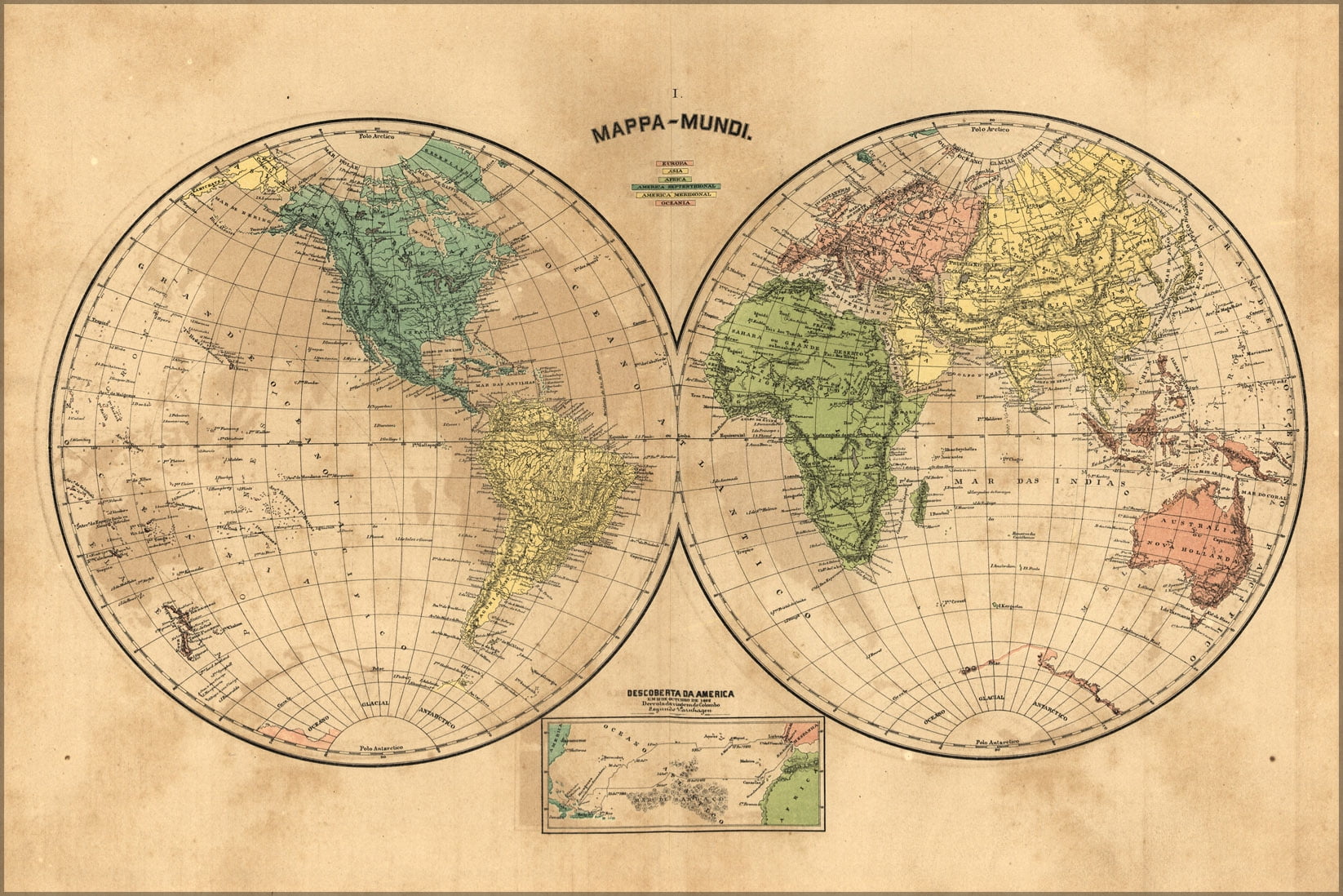24"x36" Gallery Poster, Mappa-mundi map of the world 1868 in Portuguese ...