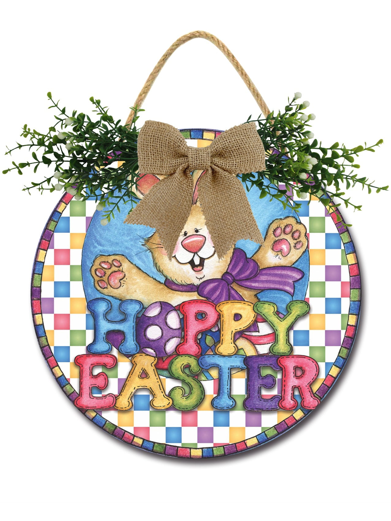 Eveokoki Hoppy Easter Sign Front Door Porch Decorations, Round Rustic ...