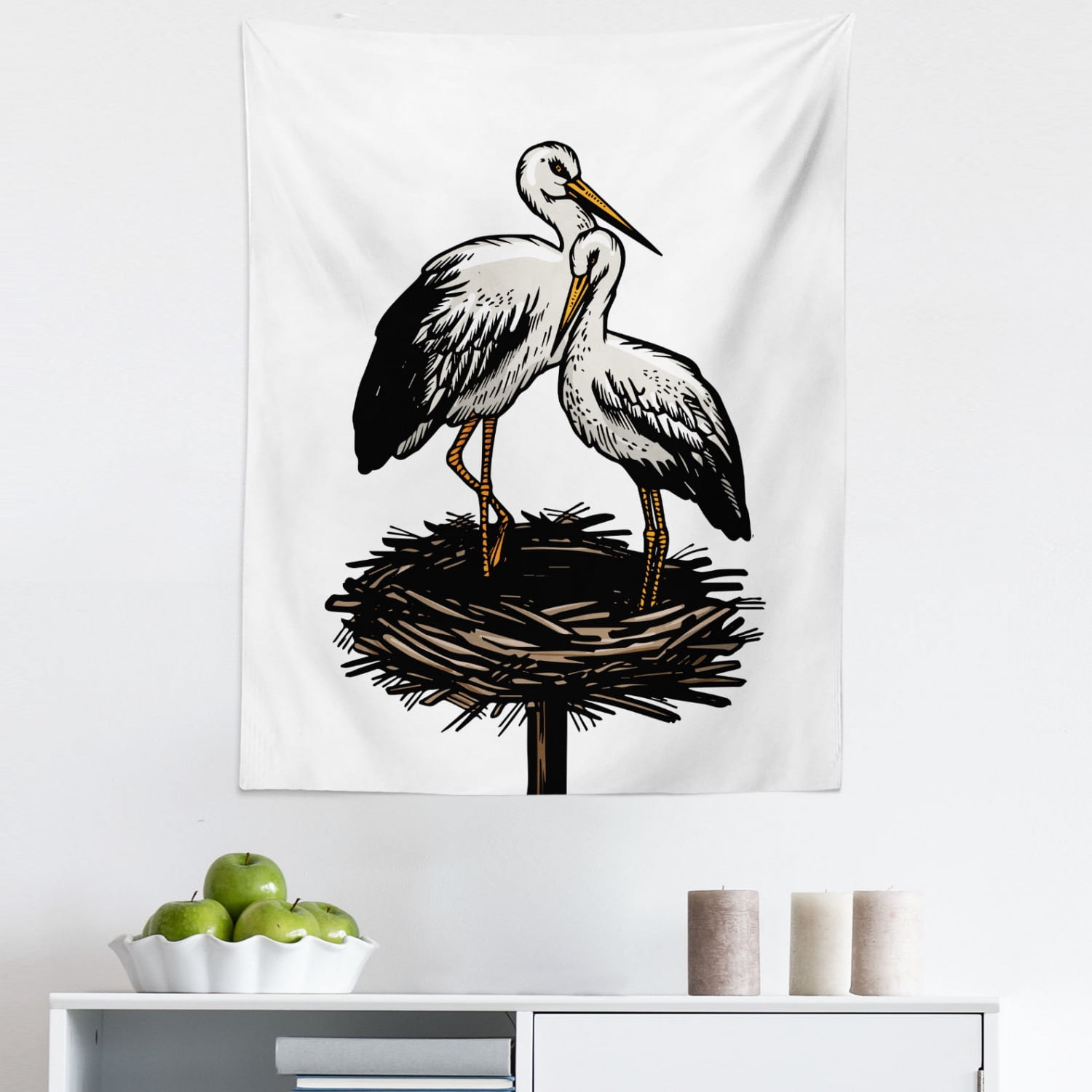 Birds Nest Tapestry, Storks Family Sketch Illustration on Plain ...