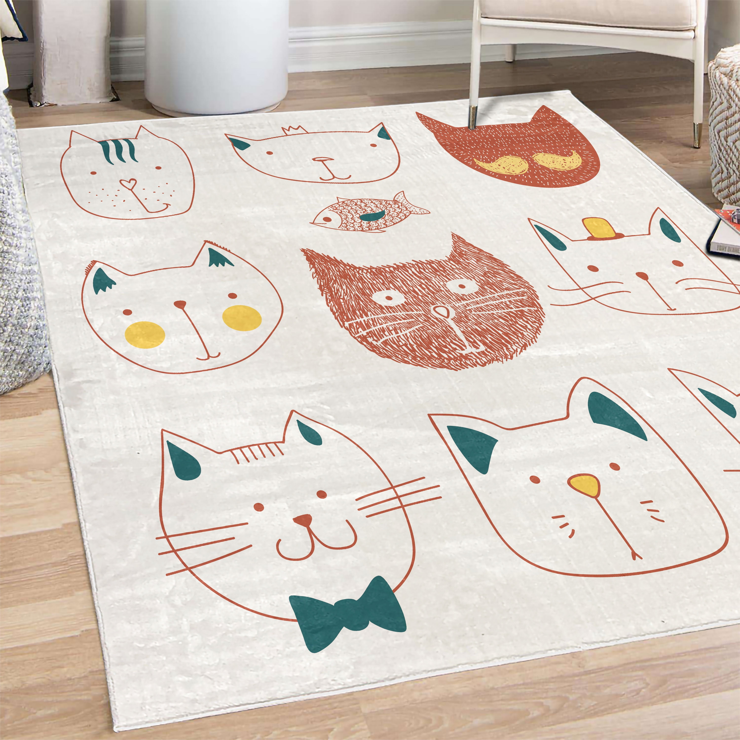 Cat Decorative Rug, Pets Moustache Bow Tie Hat Crown Fluffy and Fish ...