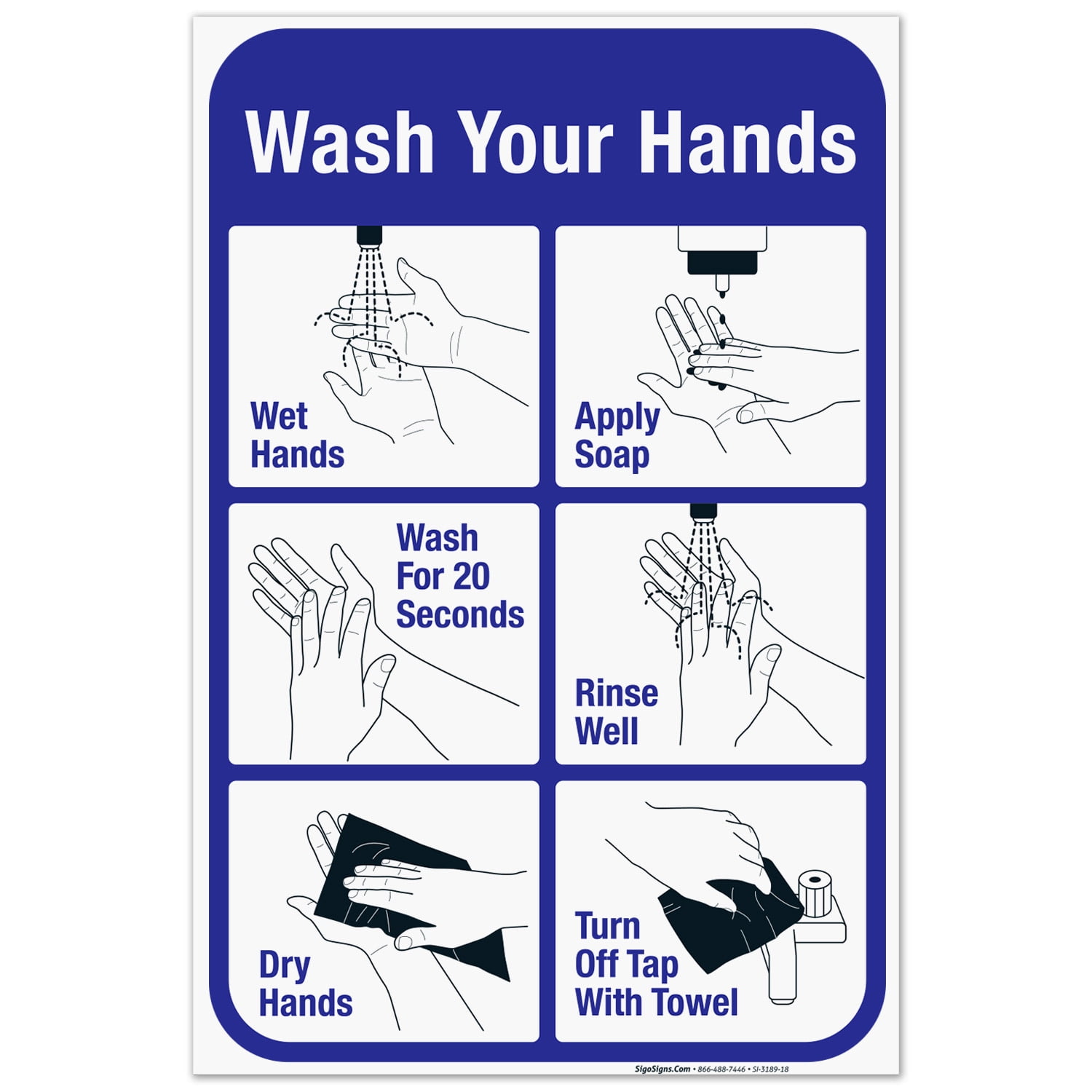 Hand Washing Sign, 6 Steps Hand Washing Sign, 24x36 Corrugated Plastic ...