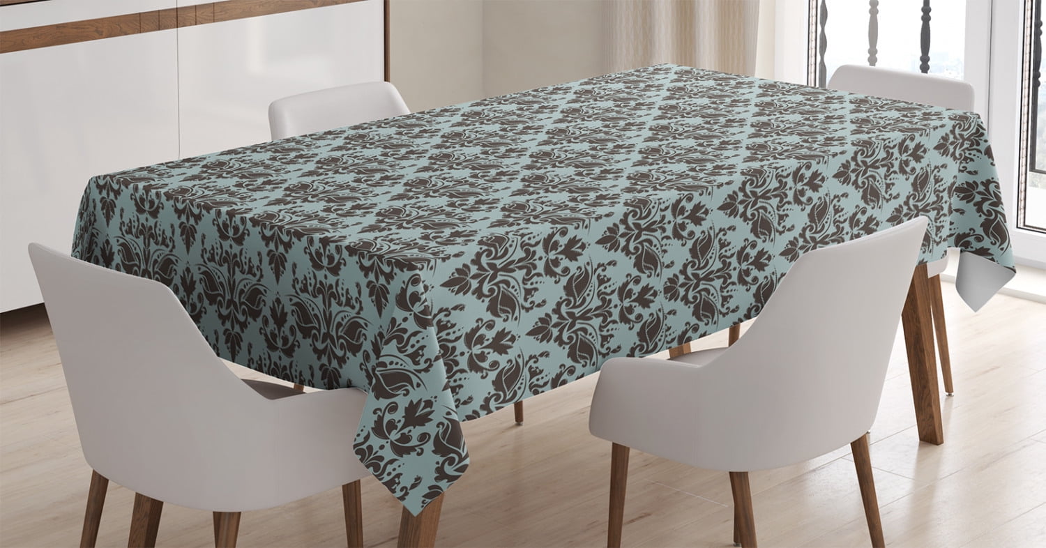 Damask Decor Tablecloth, Damask Shapes Motif Modular Leaves and Rayon ...