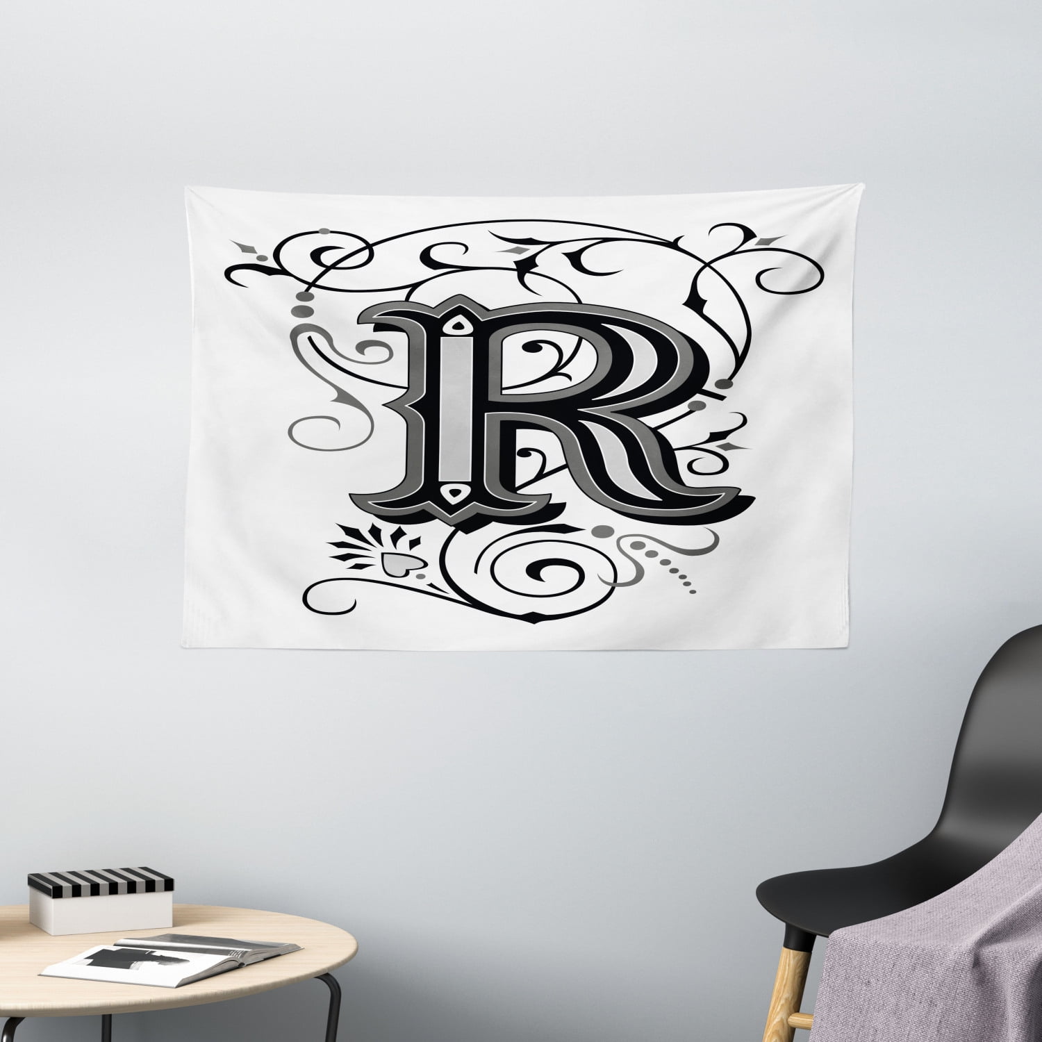 Letter R Tapestry, Baroque Antique R Typography with Old Fashion ...