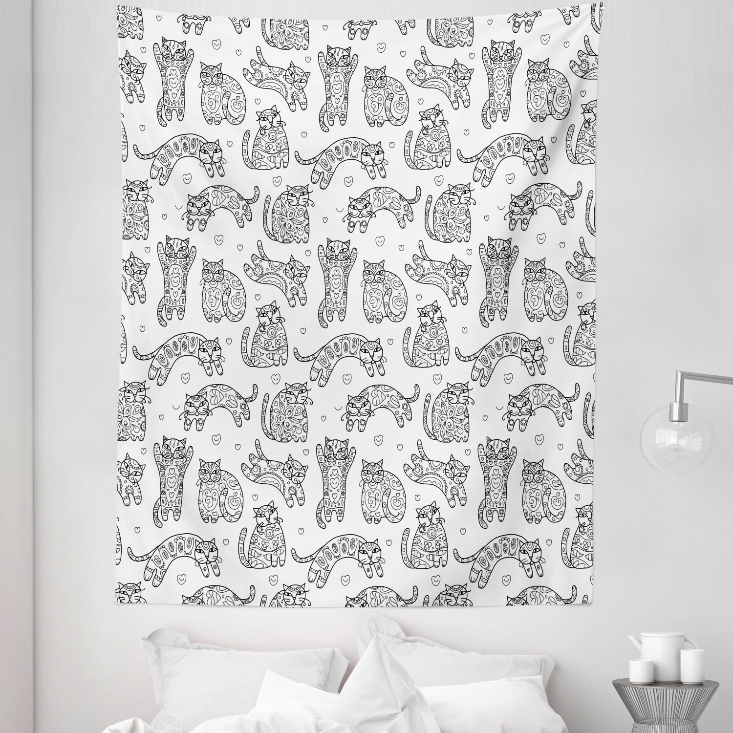 Cats Tapestry, Ornamental Kittens with Floral Pattern Animal Love ...