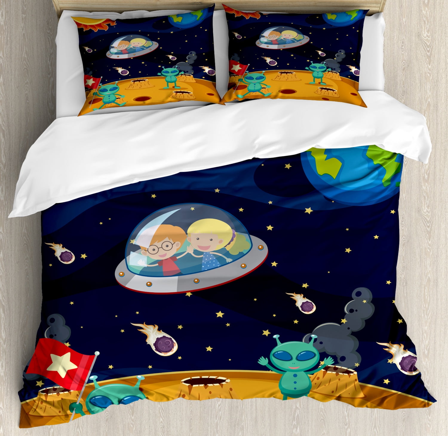 Alien Duvet Cover Set Queen Size, Children Travel into Space in a ...