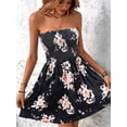 Black Floral Print Strapless Ruched A-Line Mini Dress For Casual Spring ...