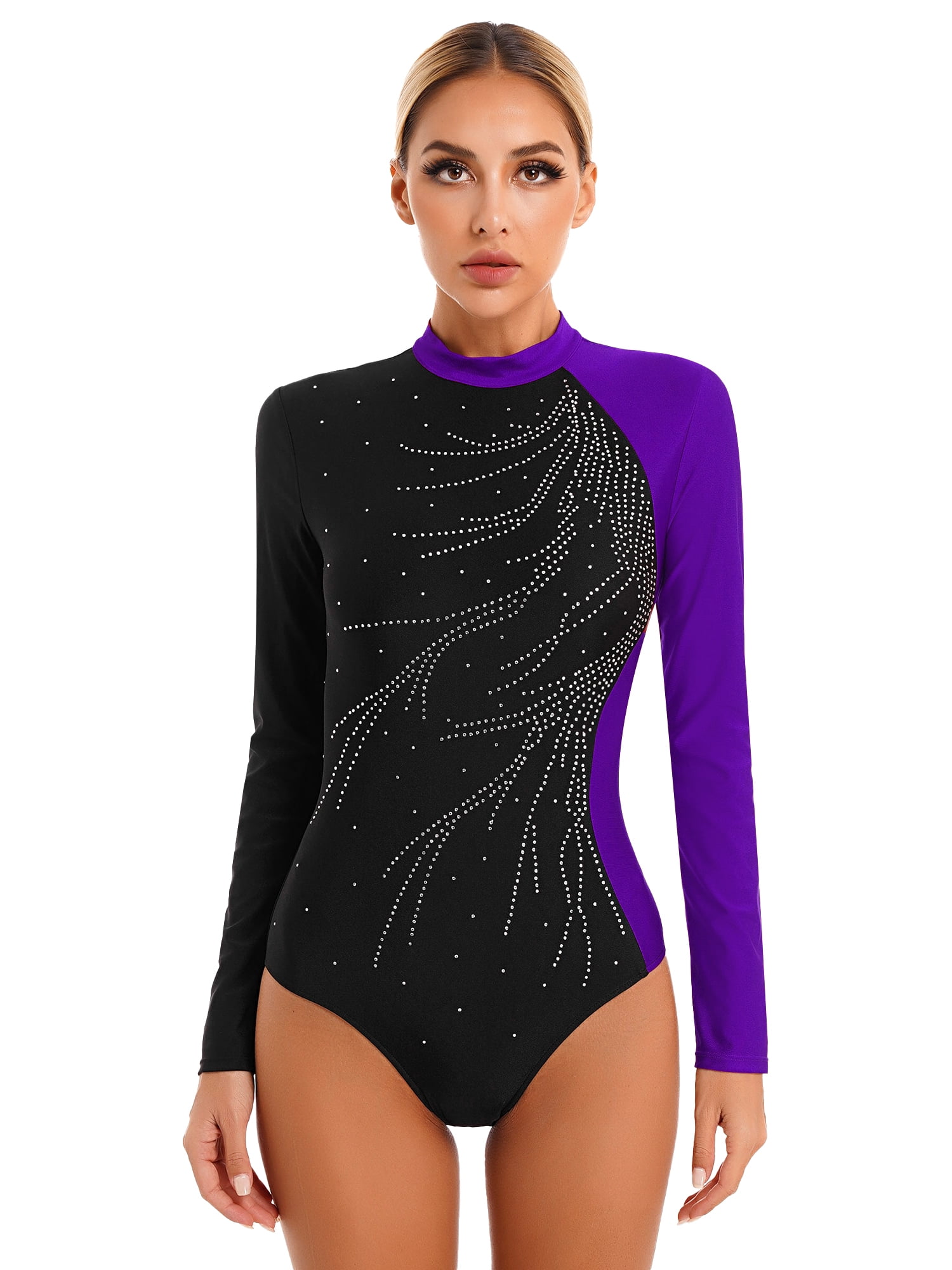 iEFiEL Womens Glitter Rhinestones Leotard Long Sleeve Bodysuit for ...
