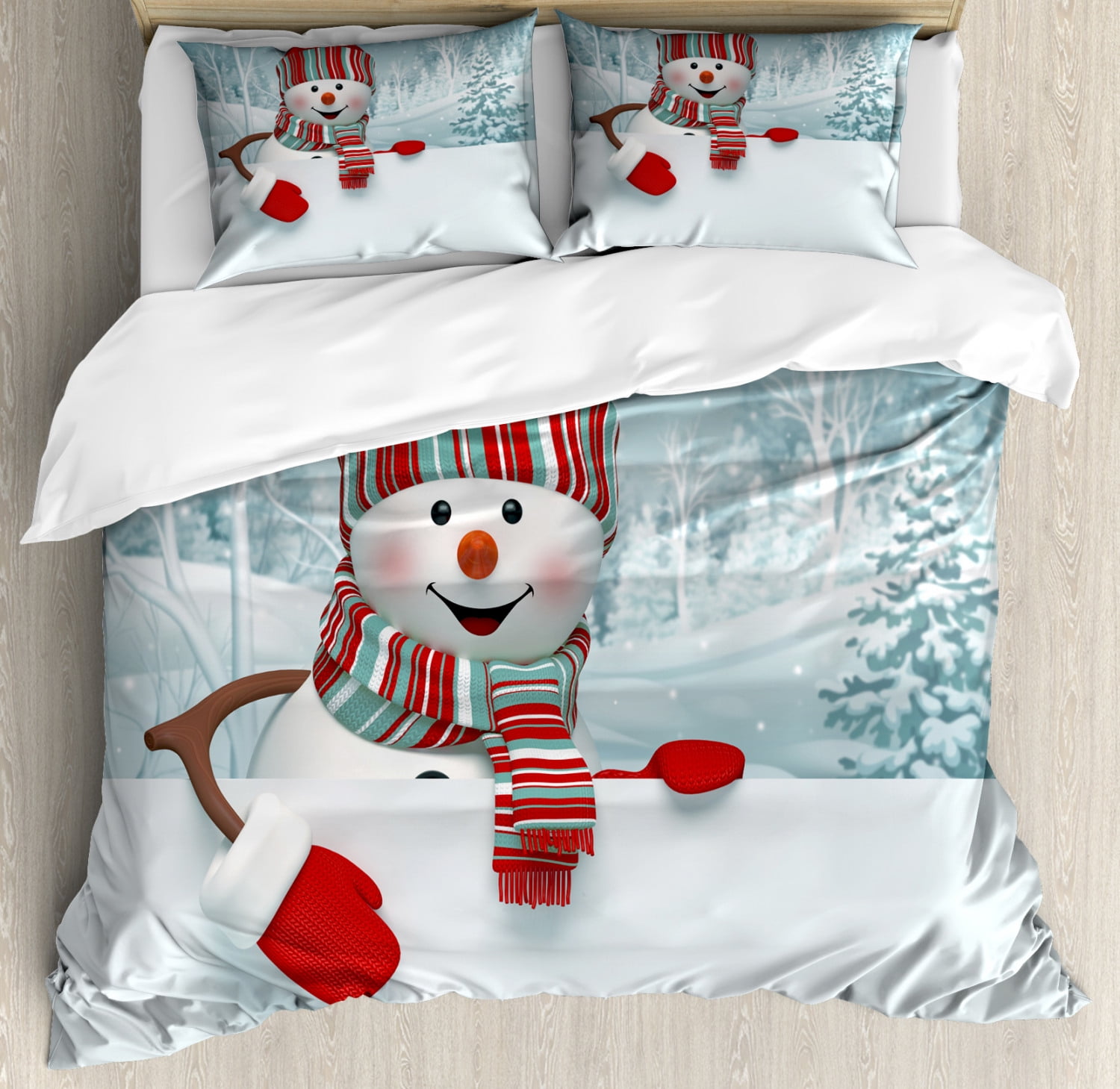 Snowman Duvet Cover Set Queen Size, Smiling 3D Style Mascot with Hat ...