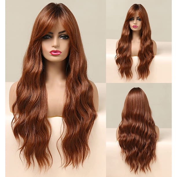 AmPm Sandy Blonde Wigs with Bangs, Ombre Brown Hair Beach Blonde Wig ...
