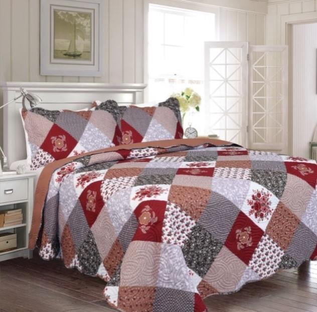 SONIC PATCHWORK BURGUNDY COLOR REVERSIBLE BEDSPREAD QUILTED SET 3 PCS ...