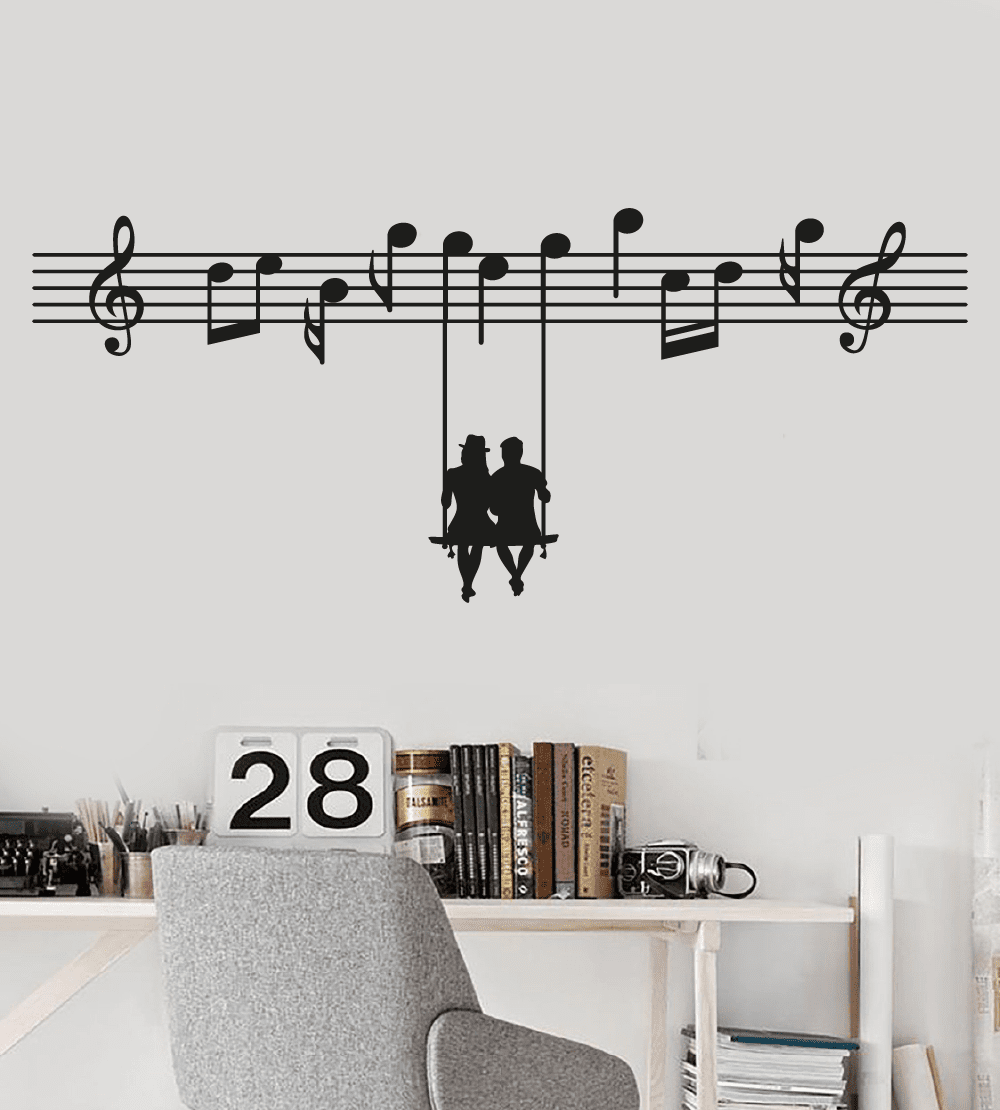Couple of Lovers Silhouette Hanging on Musical Notes with Creative ...