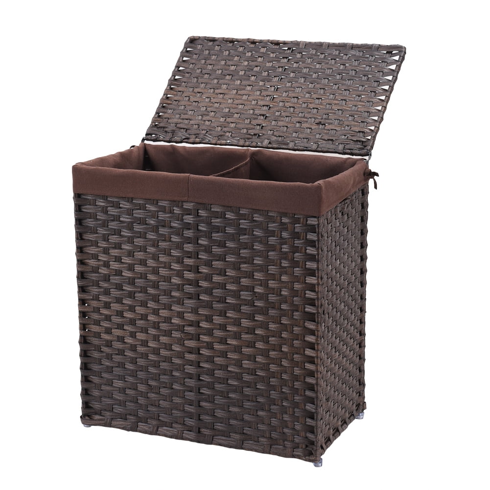 Divided Laundry Basket Synthetic Rattan Handwoven Hamper with Lid and ...