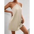 Champagne Women Halter Neck Chain-Adorned Mini Dress With Satin Sheen ...