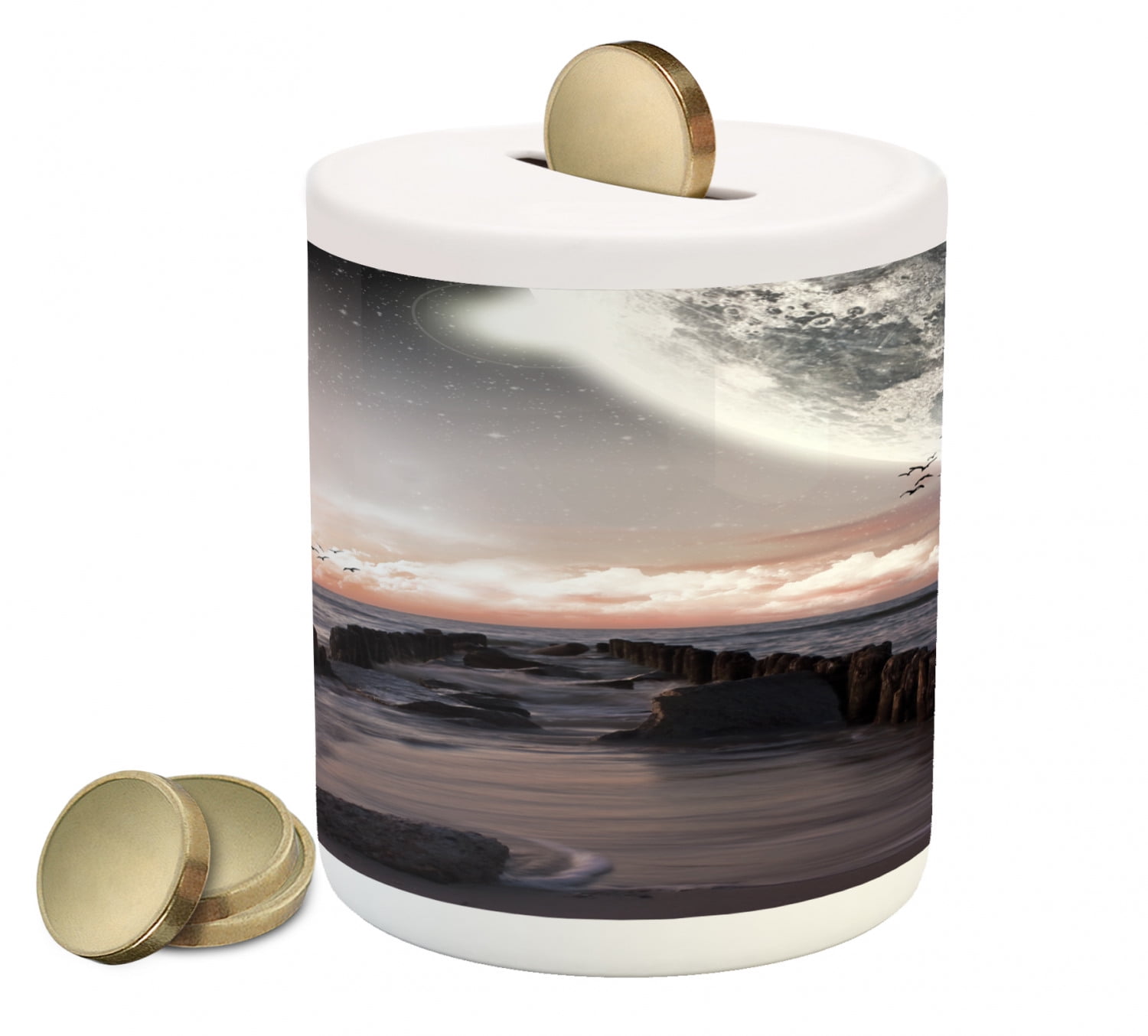 Space Piggy Bank, Moon Fantasy Planet Beach with Old Pier with Sea ...