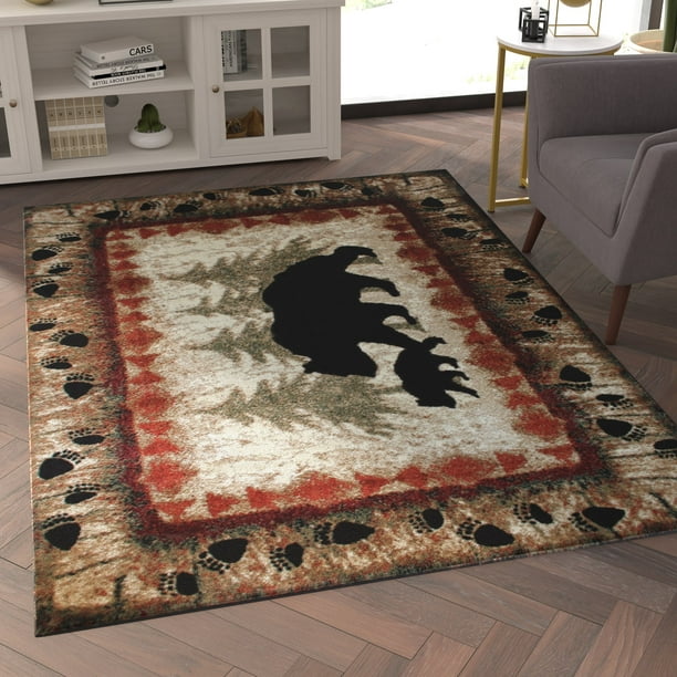 Emma + Oliver 5'x7' Rustic Cabin or Lodge Theme Rug with Bear and Cub ...