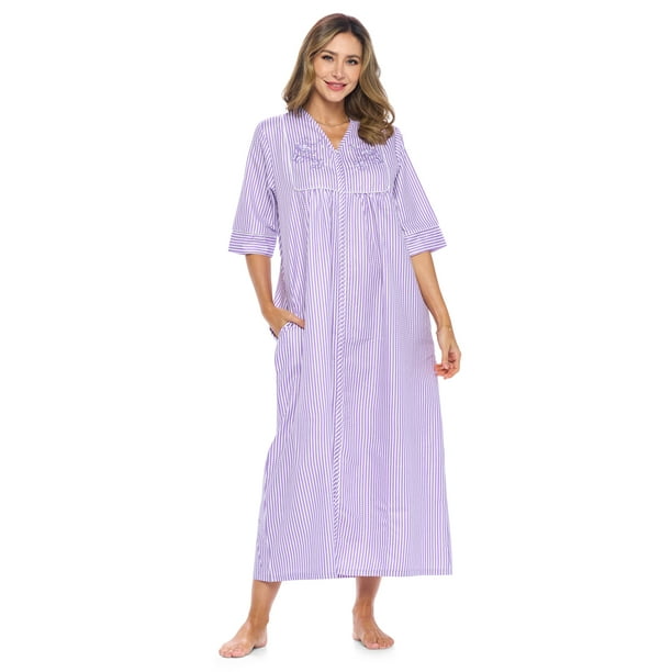 Casual Nights Women's Zip Front Seersucker House Dress 3/4 Sleeves ...