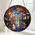 Autumn Street Stained Glass Suncatcher Window Hanging, Fall Leaves and ...