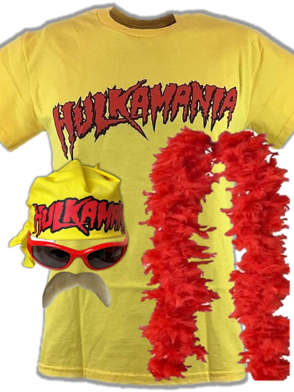 Hulk Hogan Hulkamania Yellow T-shirt Bandana Beard Boa Glasses Costume ...