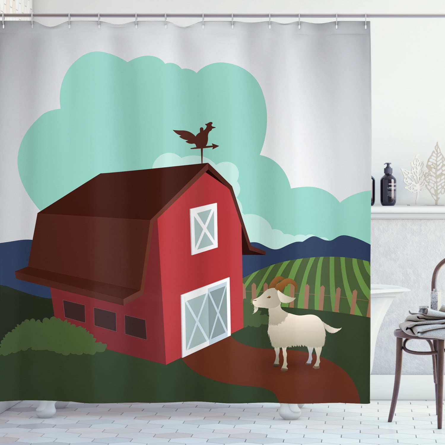Ambesonne Goat Shower Curtain, Rural Farmland Crop Bovine, 69"Wx70"L ...