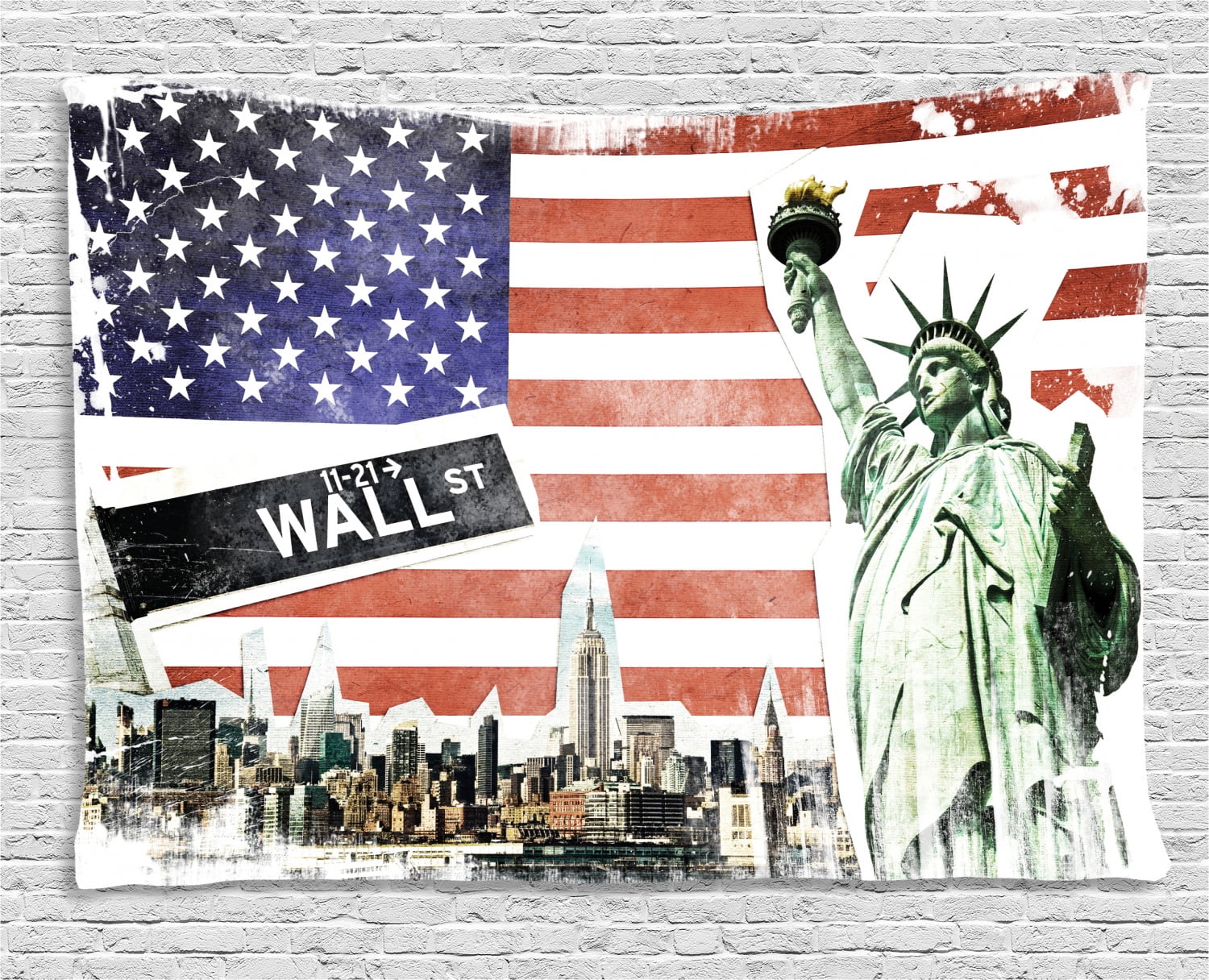 American Flag Decor Tapestry, NYC Collage with Famous Monuments Wall ...