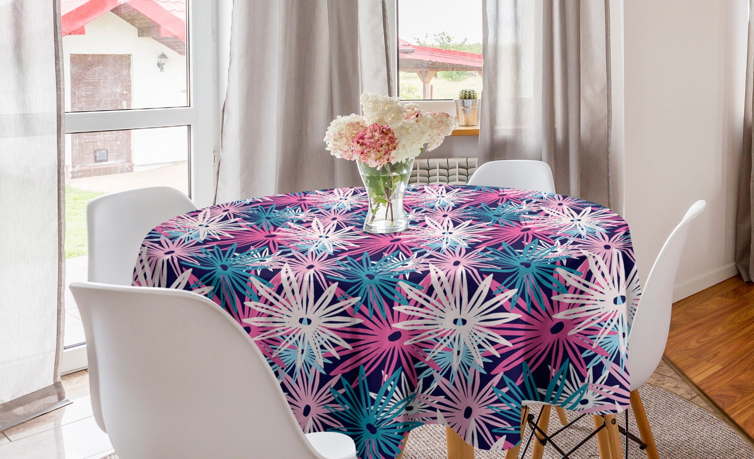 Floral Round Tablecloth, Overlapping Doodle Petals Design with ...