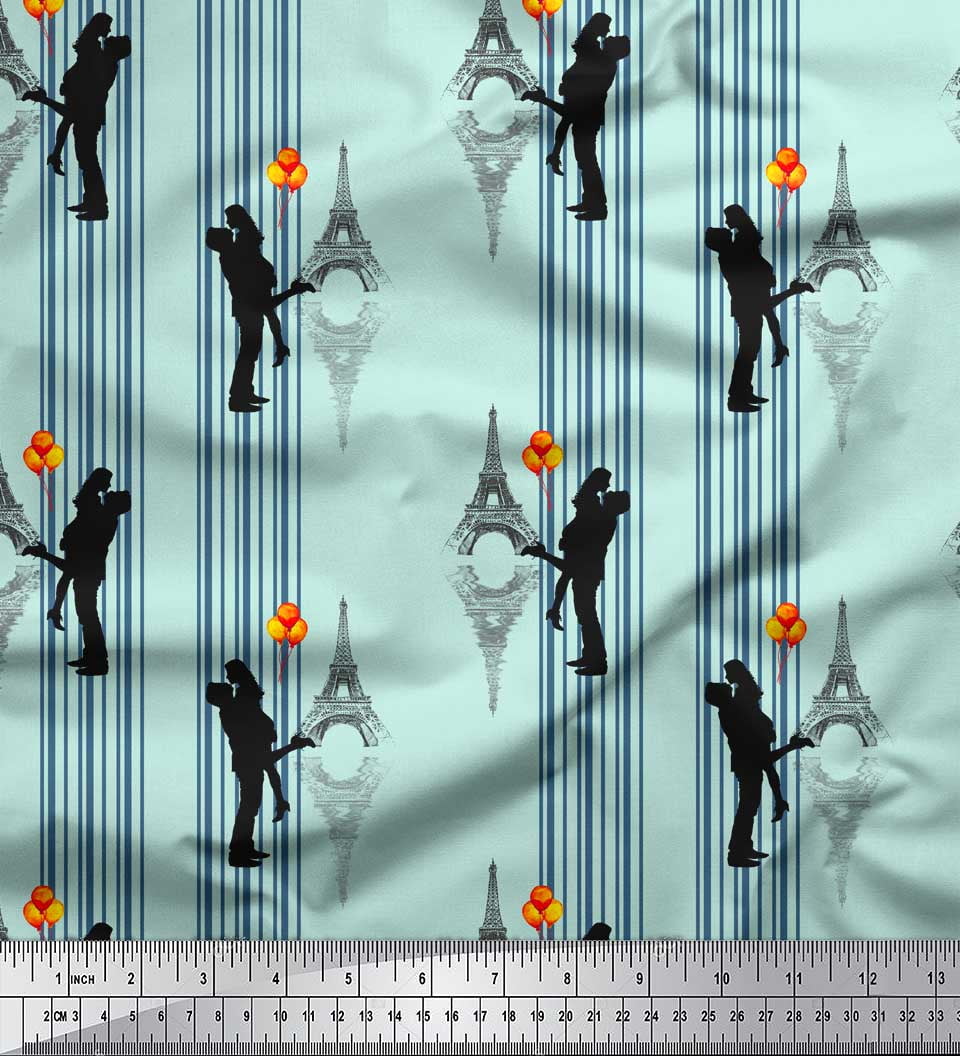 Soimoi Green Velvet Fabric Stripes & Eiffel Tower Love Print Fabric by ...