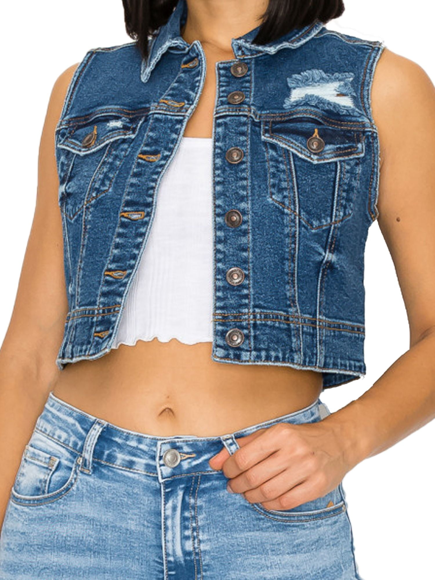 FashionMille Women Boxy Fit Washed Button Up Sleeveless Distressed ...