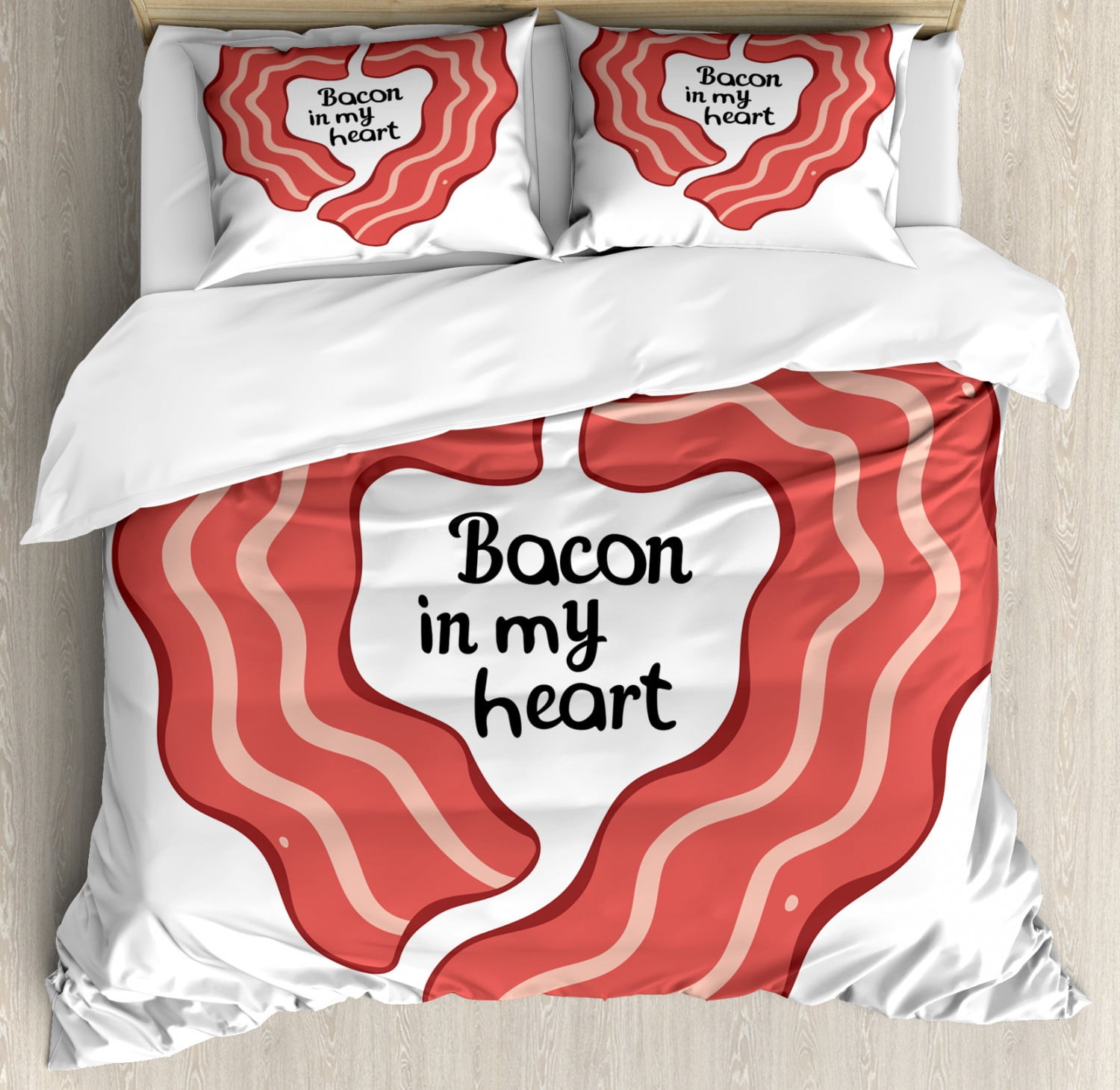 Bacon Duvet Cover Set King Size, Yummy Delicious Fried Bacons in Heart ...