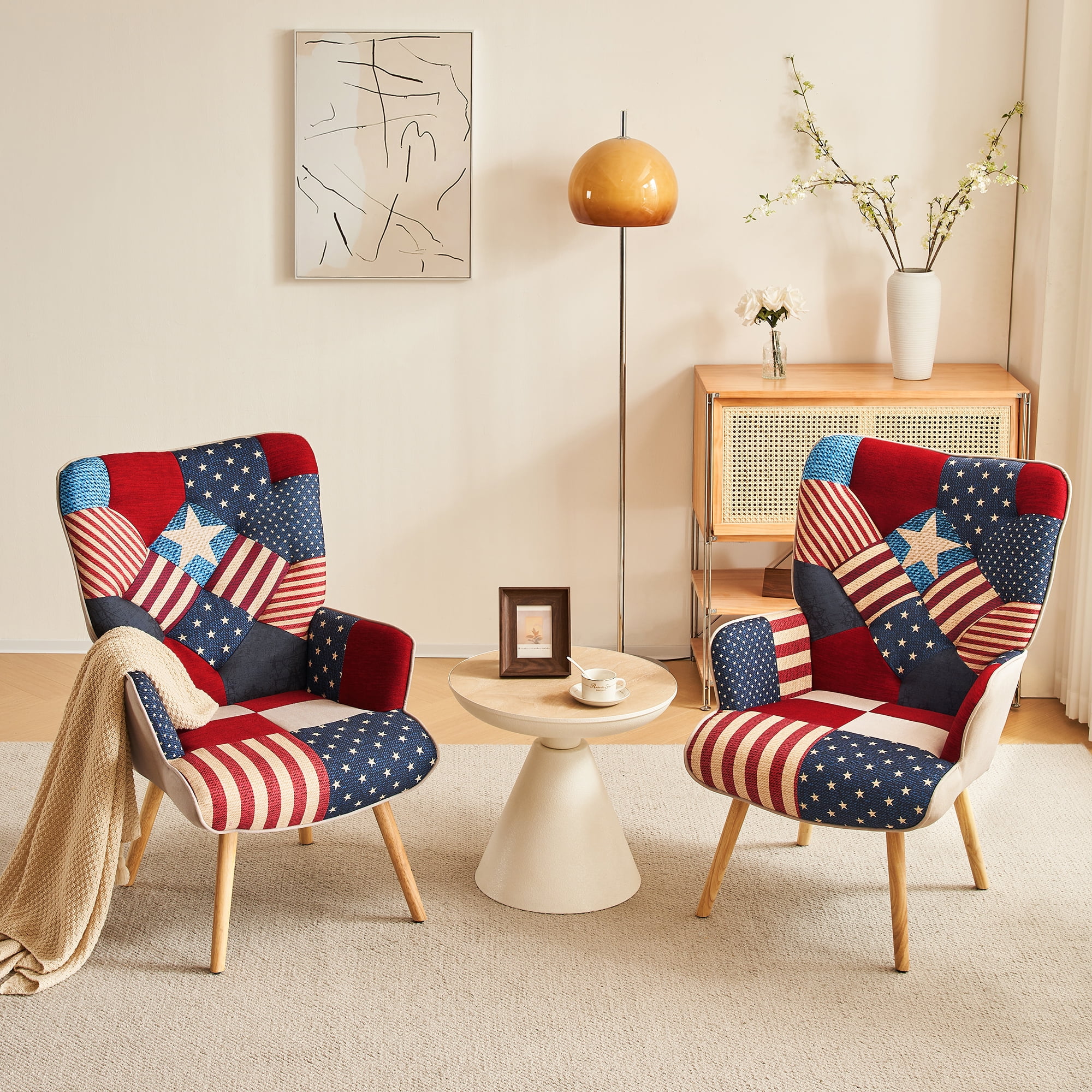 FRMALL Wingback Armchairs Patchwork Accent Chair Set of 2 with Wood ...