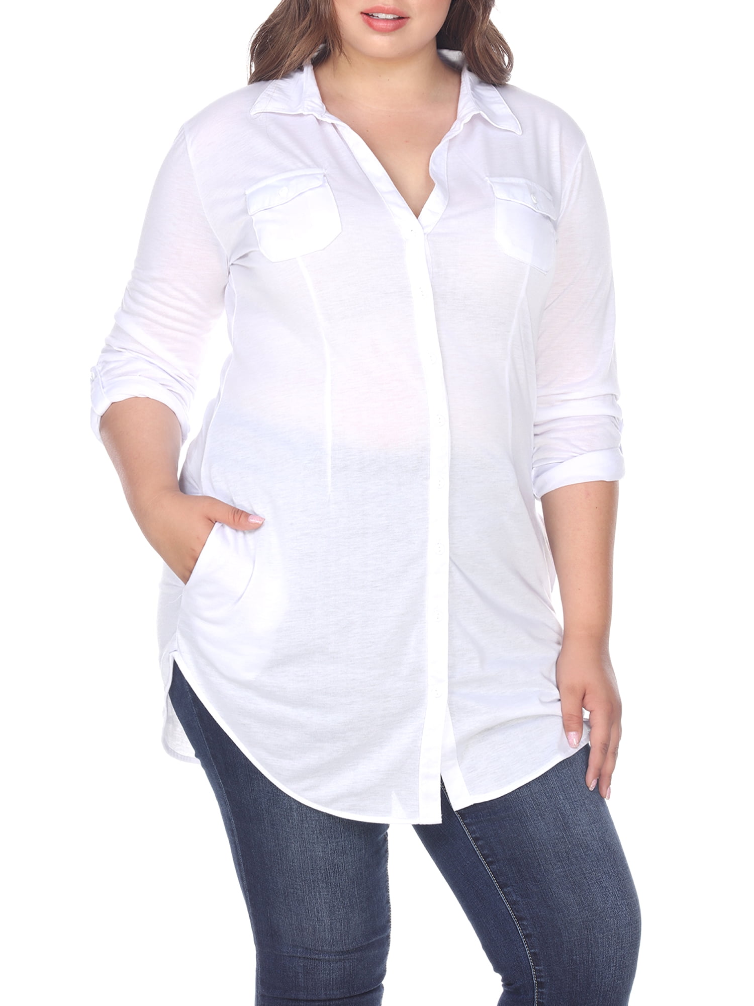 White Mark Women's Plus Size Super Stretch Button-Front Tunic Top ...