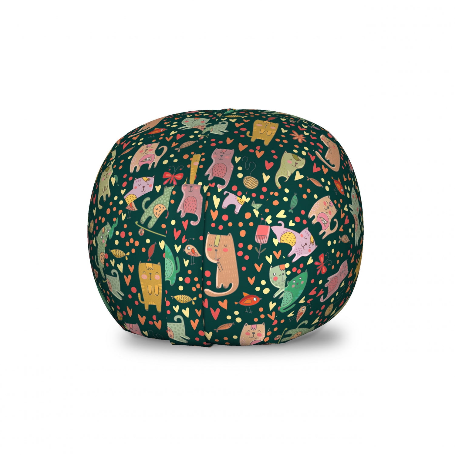 Cat Storage Toy Bag Chair, Cartoon Style Feline Pattern on a Hearts ...