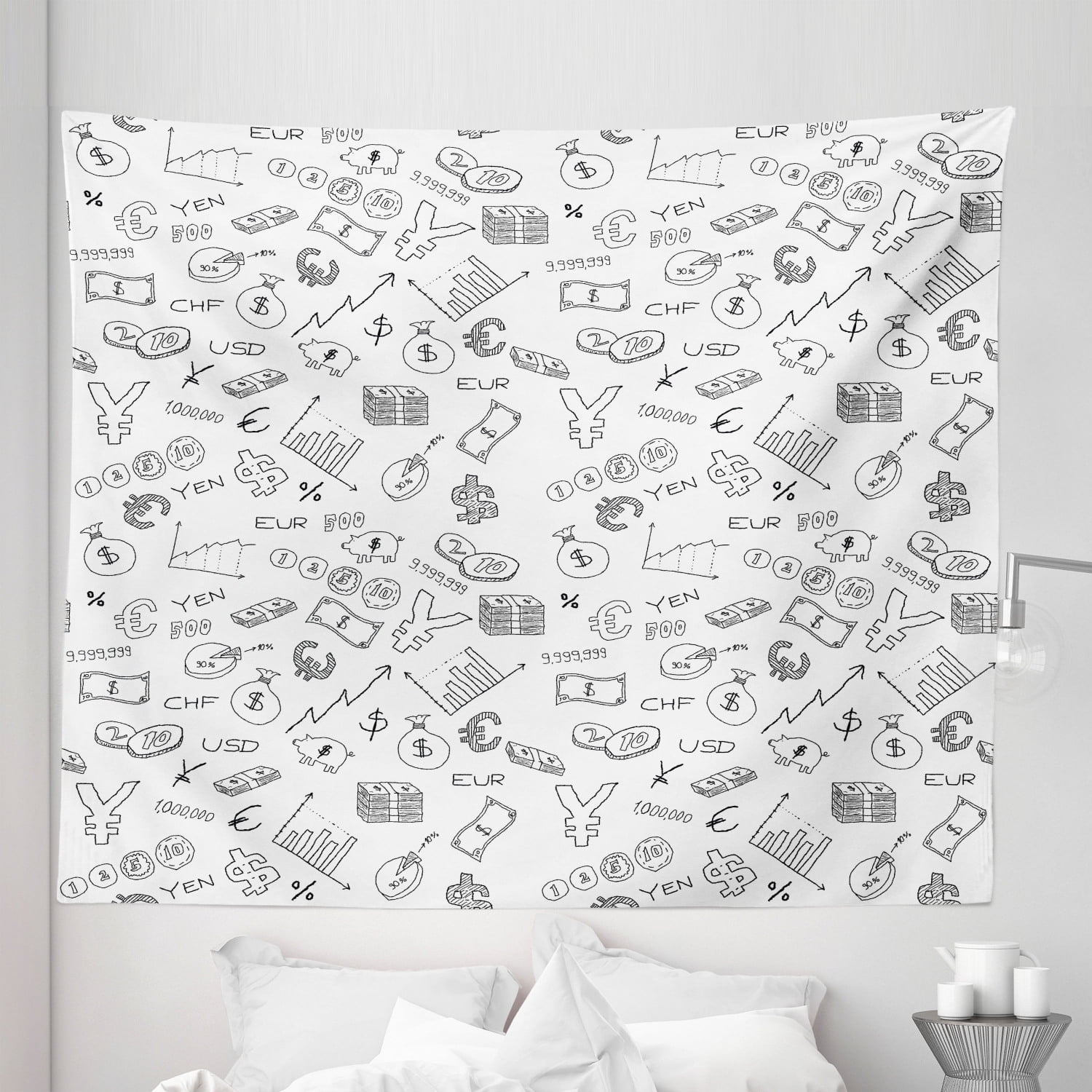 Money Tapestry, Monochrome Pattern with Euro Dollar Yen Coins Piggy ...