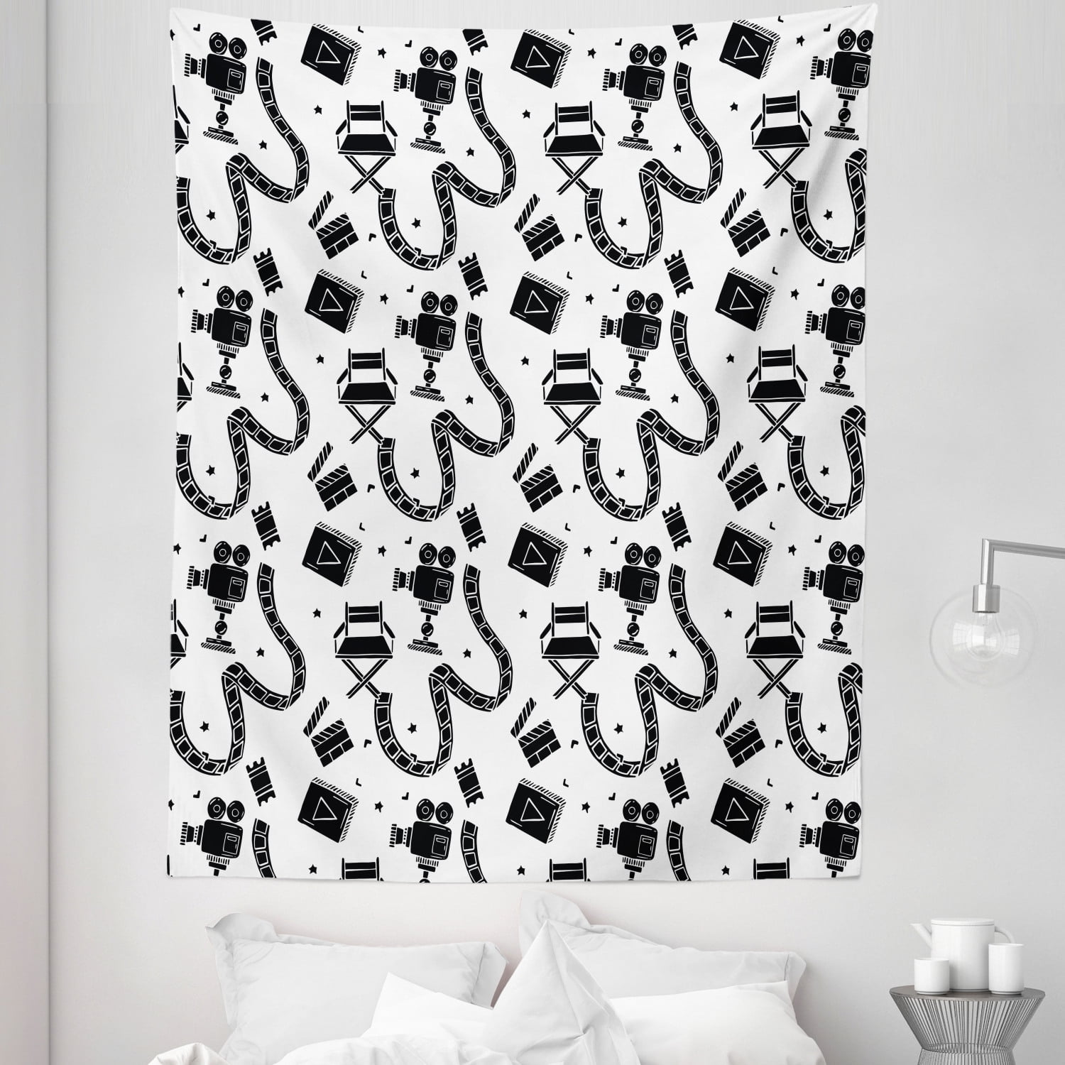 Old Hollywood Tapestry, Cartoon Style Doodle Movie Cinema Elements and ...