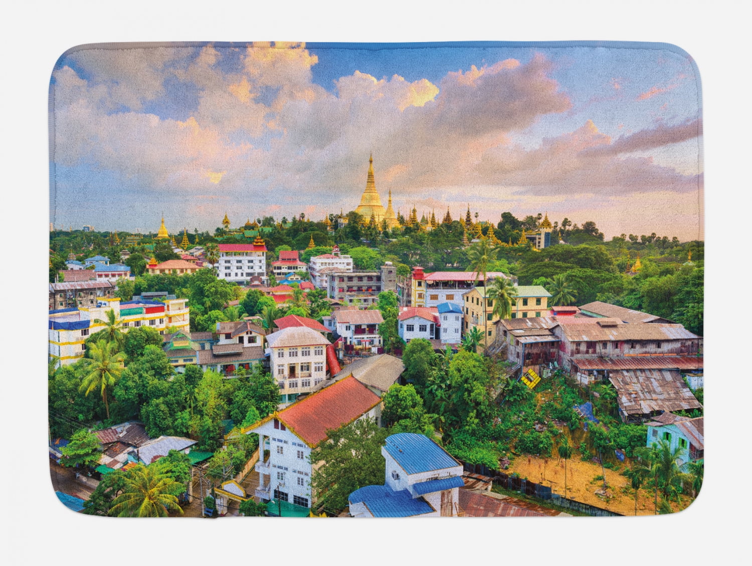 Landscape Bath Mat, Yangon Myanmar Skline Cityscape Scenery with Nature ...