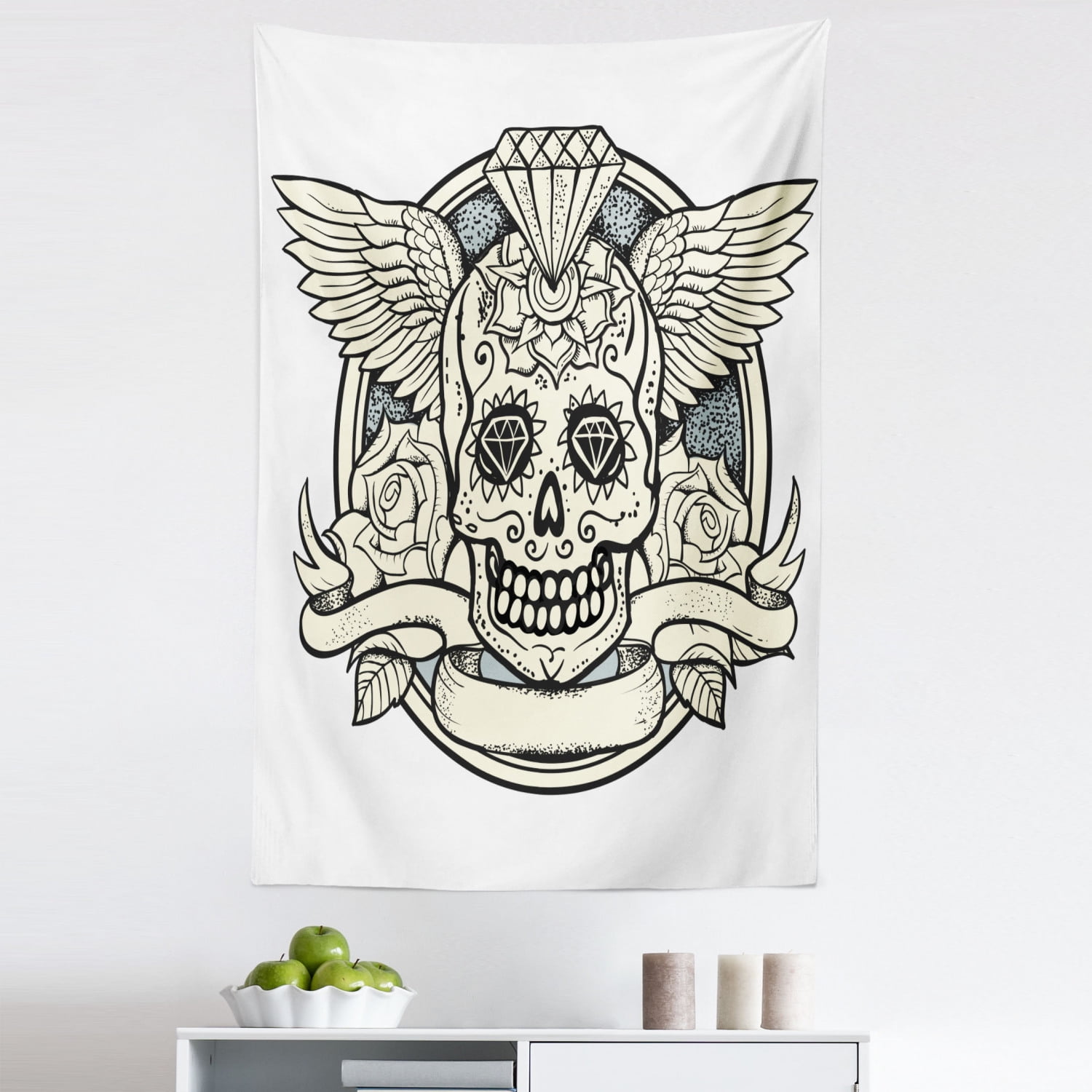 Sugar Skull Tapestry, Illustration of Calavera Diamond and Roses ...