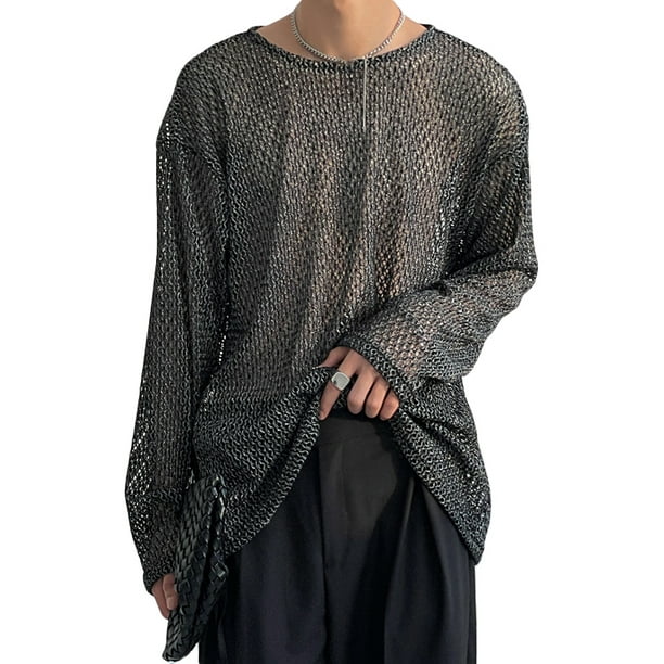 INCERUN Men's Sheer Mesh Long Sleeve Hollow Out Loose Tops Pullover ...