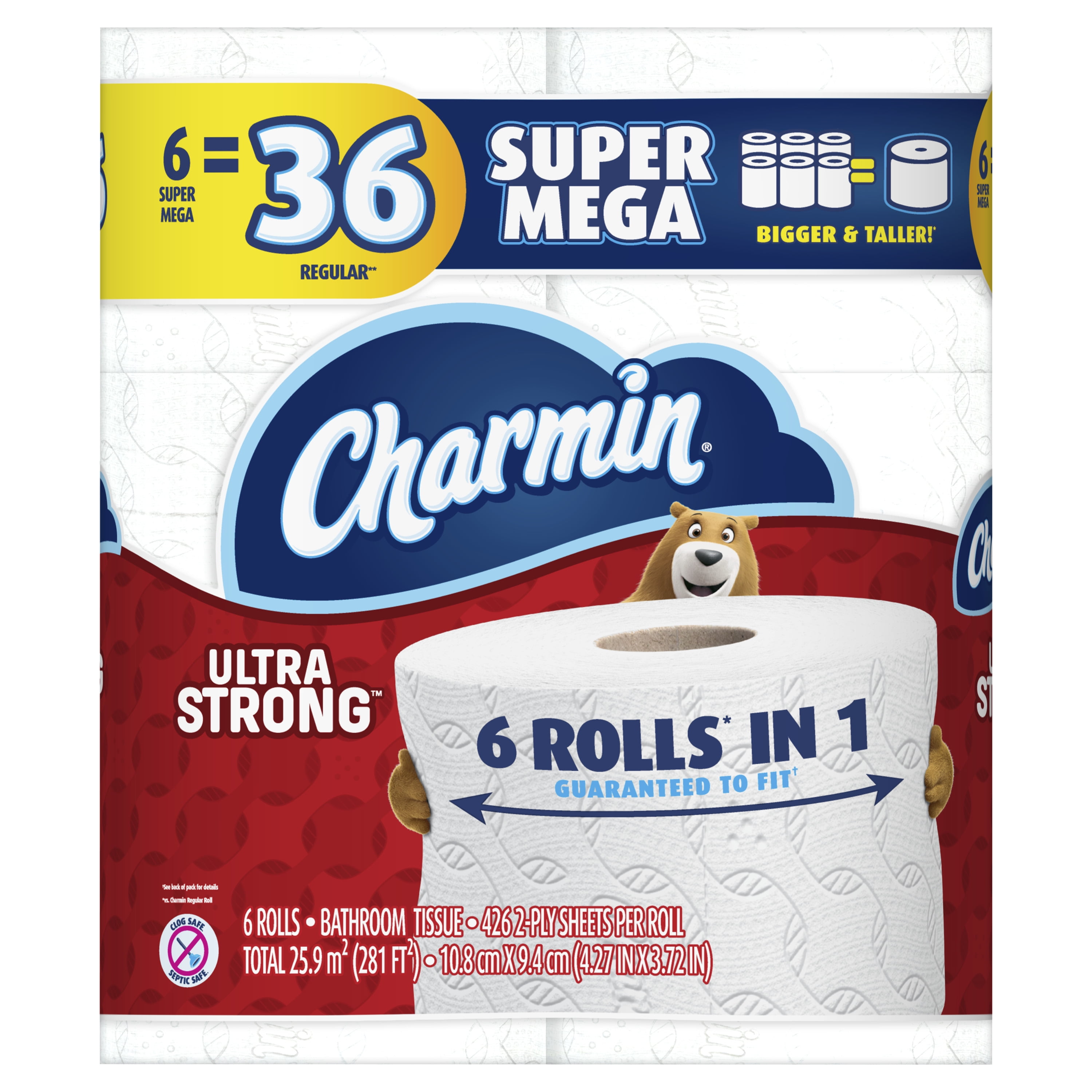 Charmin Ultra Strong Toilet Paper 6 Super Mega Rolls, 426 Sheets Per ...