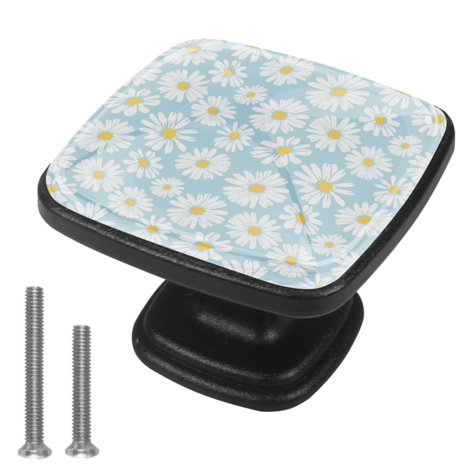 4 Pcs Cabinet Handle Drawer Pulls Daisy Floral Blue Knobs with Screws ...