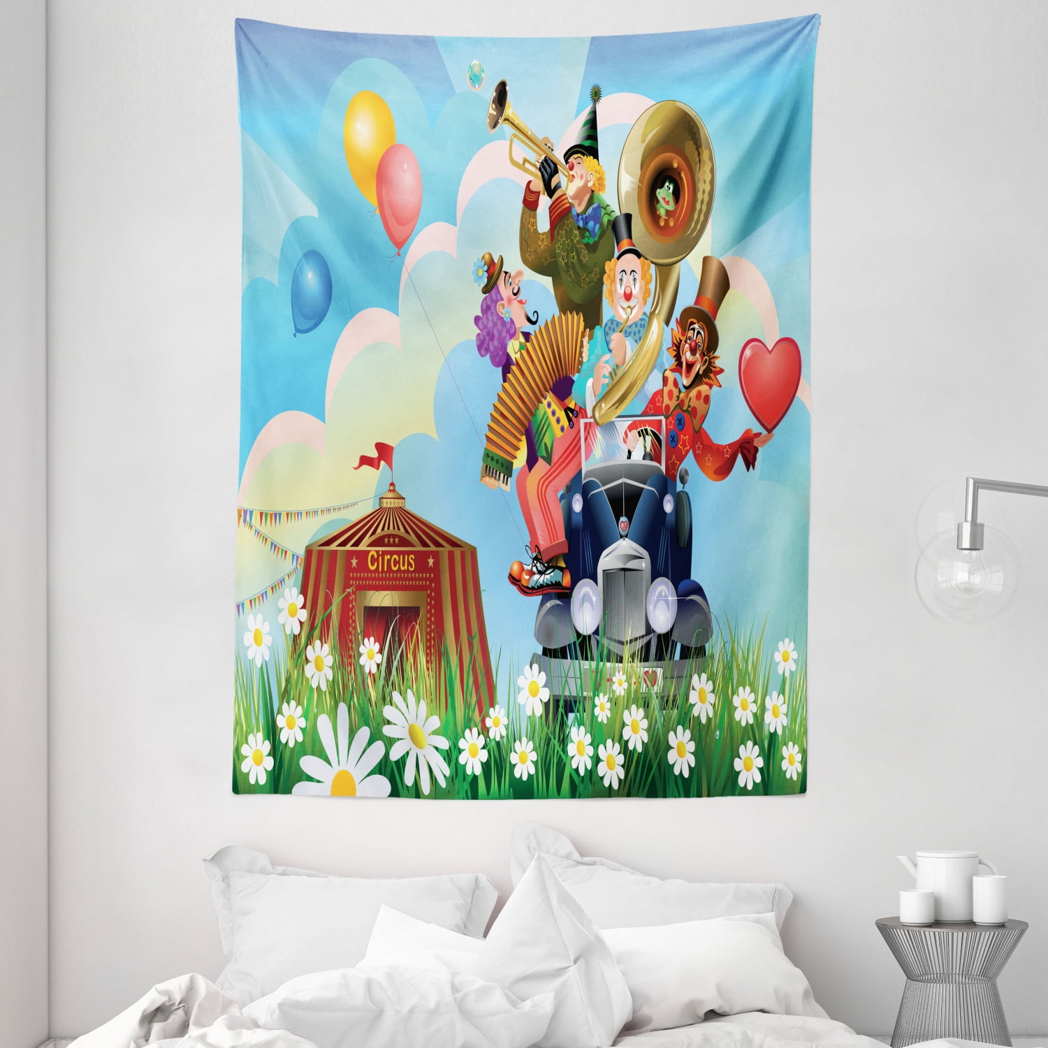 Circus Tapestry, Clowns Vintage Car Circus Big top Daisies Flowers ...